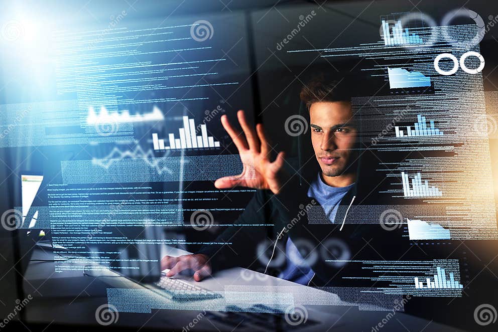 Man, Hacker and Hologram for Coding at Night with Software Programming, Information Theft and ...