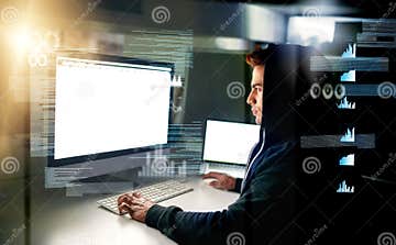 Man, Hacker and Hologram with Computer Monitor and Virus Installation for Firewall Bypass and ...
