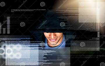 Man, Hacker and Hologram with Malware and Virus Installation for Firewall Bypass and Hub ...