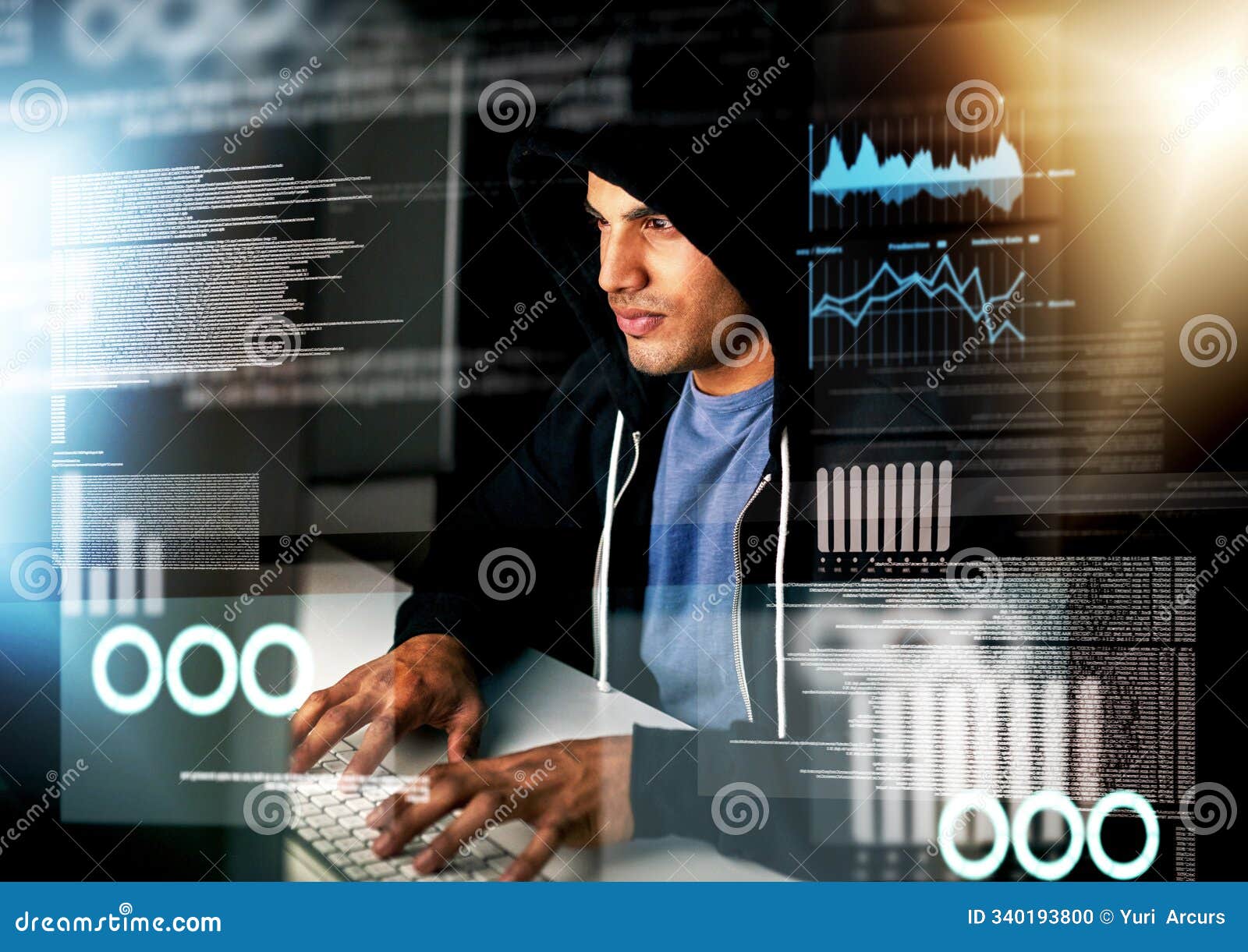 Man, Hacker and Hologram with Working and Virus Installation for ...