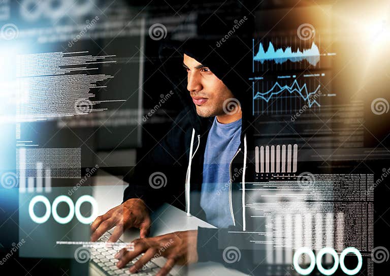 Man, Hacker and Hologram with Working and Virus Installation for Firewall Bypass and Hub ...