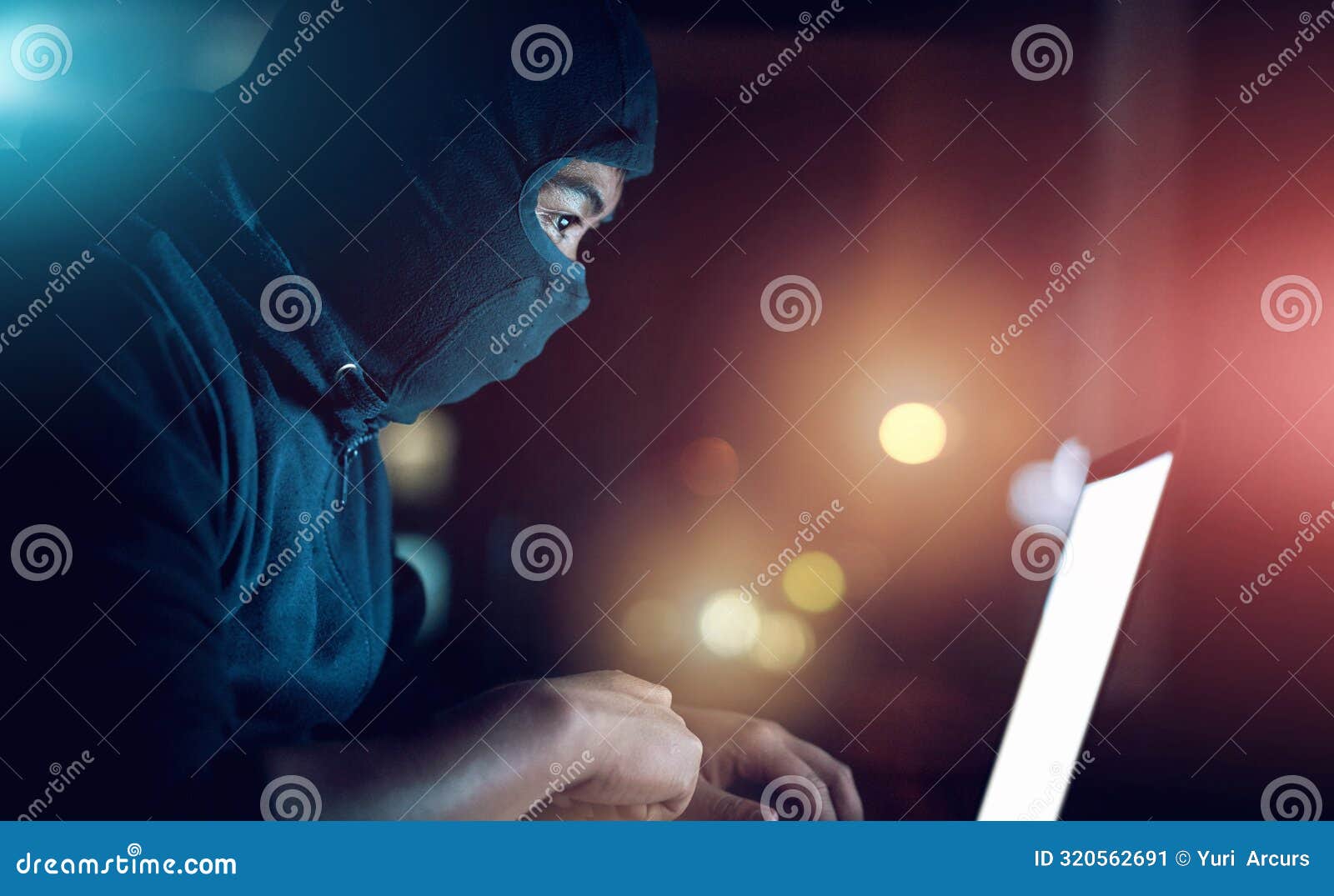 Man, Hacker and Laptop Screen at Night As Thief with Malware for ...
