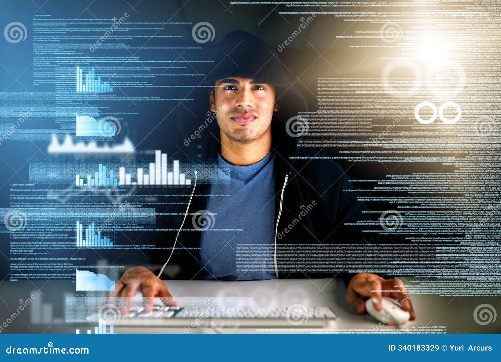 Man Hacker And Malware Hologram With Code And Virus Installation For