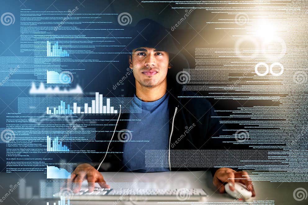 Man, Hacker and Malware Hologram with Code and Virus Installation for ...