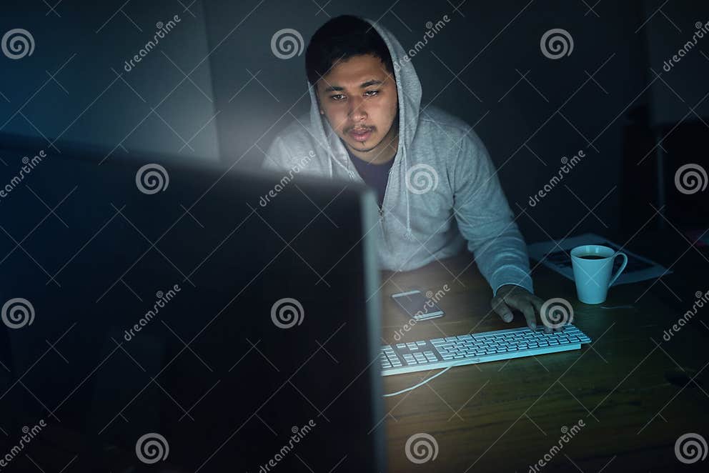 Man Hacker And Tired With Computer In Night For Programming Software And Working On Project