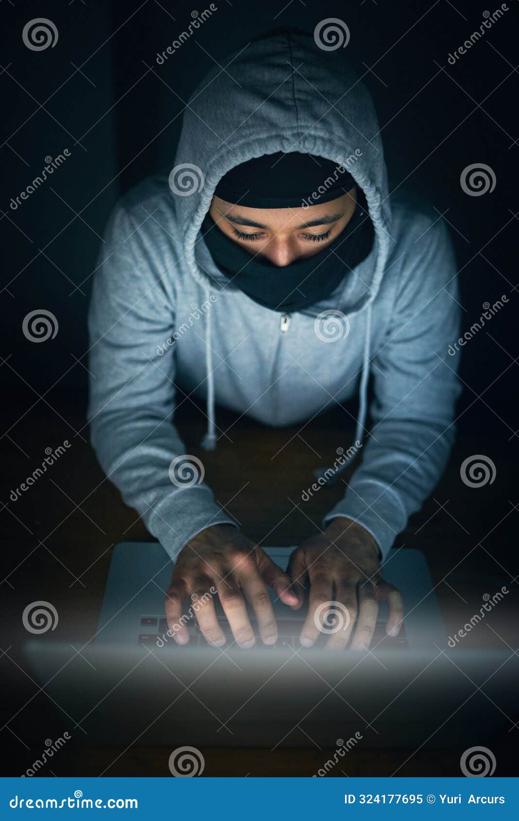 Man, Hacker and Typing with Computer in Night for Programming, Software and Working on Project ...