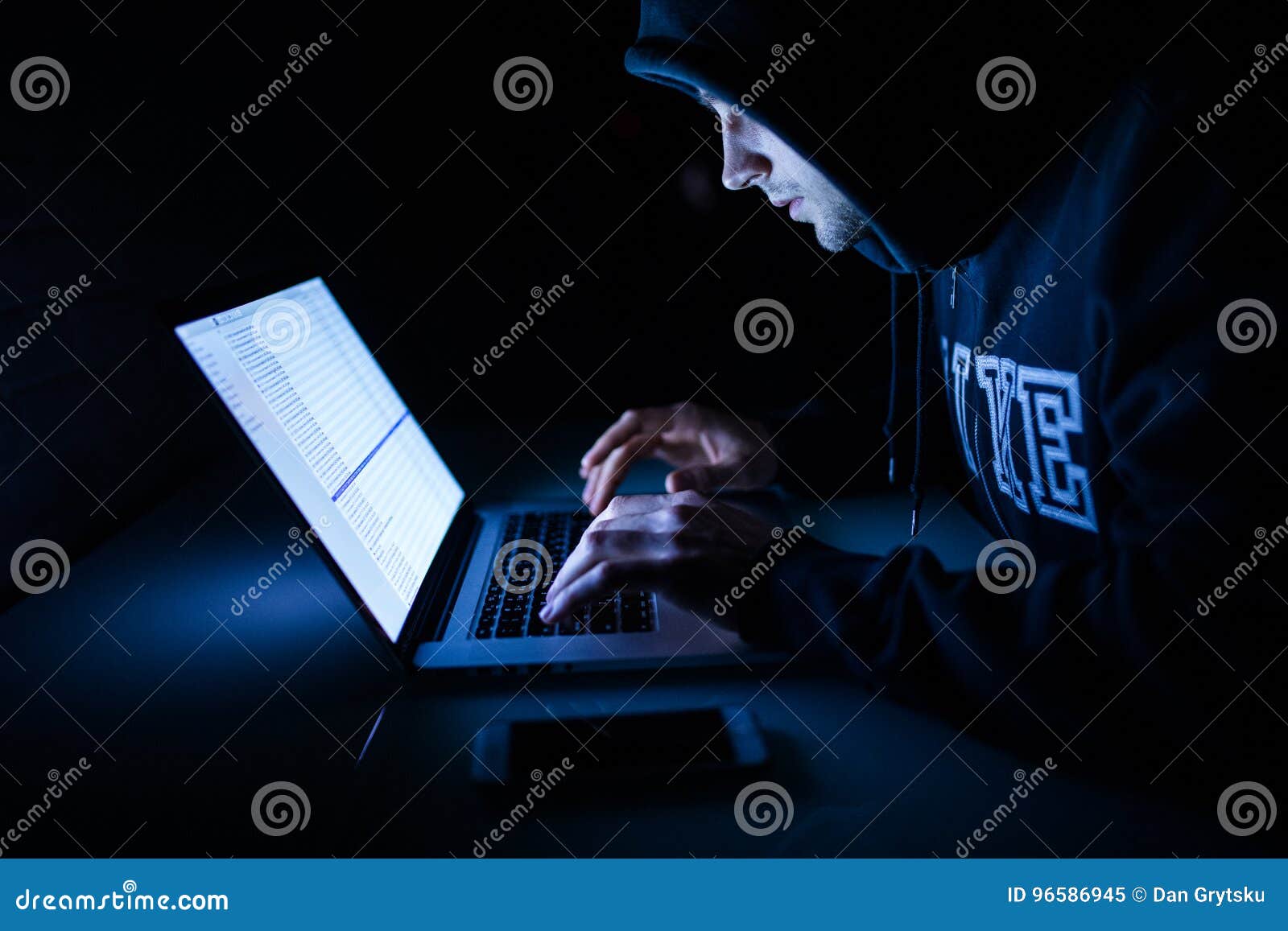 Man Hacker is Working on Laptop in Dark Room Hack the Network in Stock ...