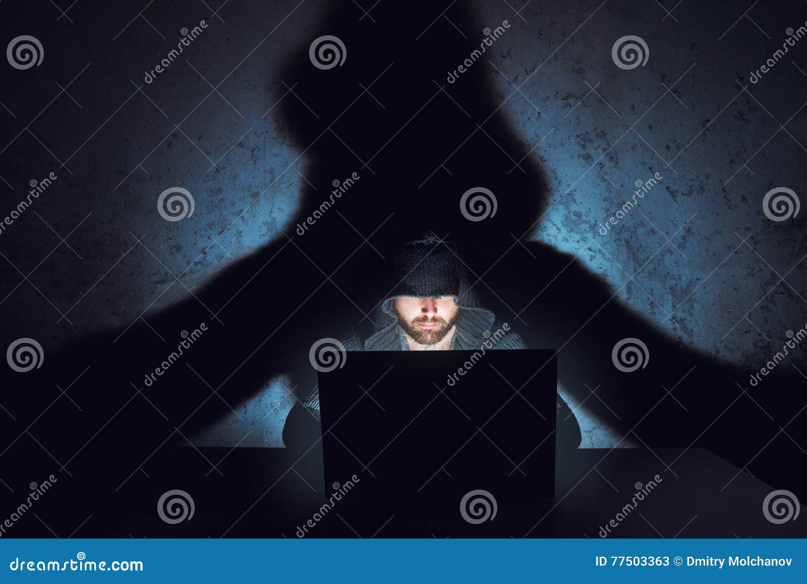 Man Hacker Works in Dark Empty Room Stock Image - Image of hacking ...