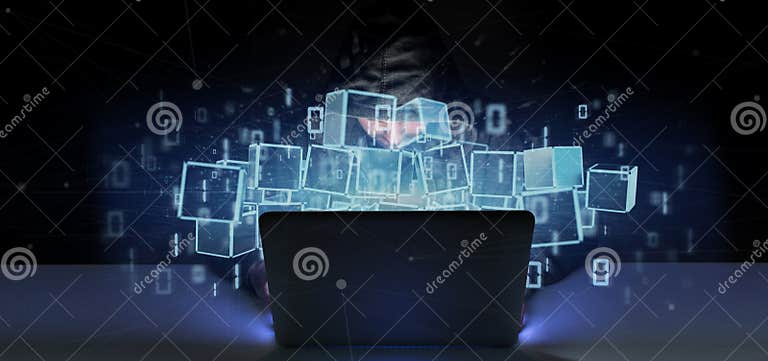 Man Hacking a Cloud of Blockchain Cube and Binary Data 3d Render Stock Image - Image of abstract ...