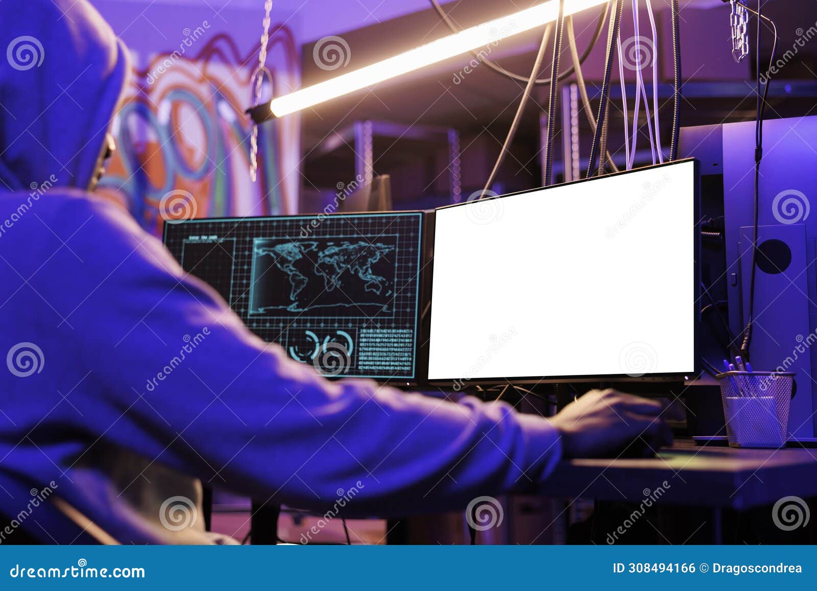 Man Hacking on Computer Empty Screen Stock Photo - Image of database ...