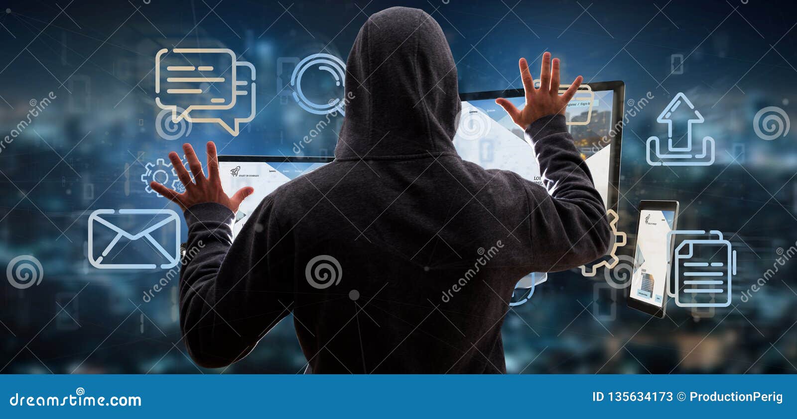 Man Hacking a Devices Connected To a Cloud Multimedia Network 3d ...