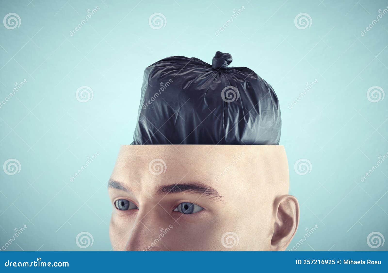 Man with Half Head and a Trash Bag Inside. Negative Mindset and Toxic ...