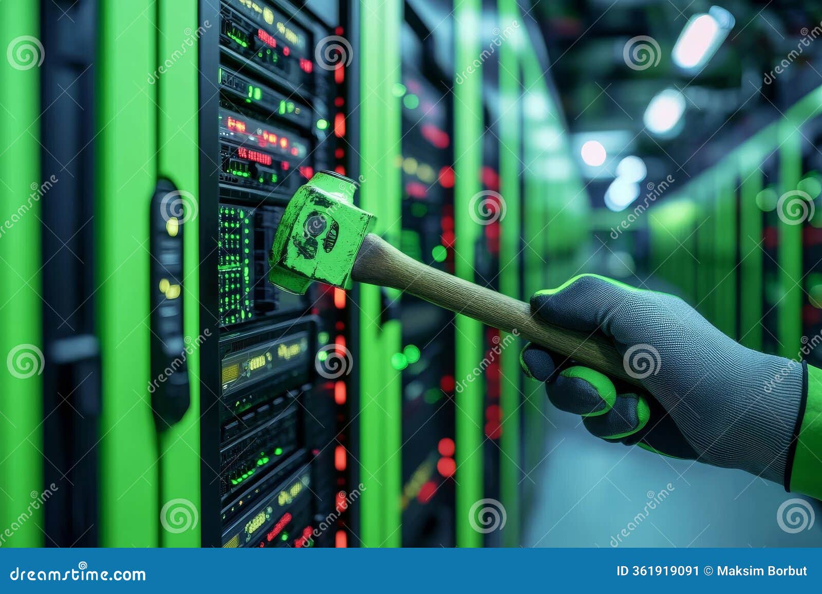 A Man with a Hammer at a Data Storage Server, Shown in Close-up Stock ...