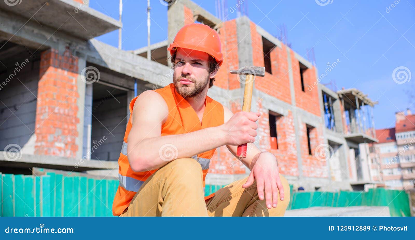 Man Hammer Take Break Working Day at Construction Site. Builder Vest ...