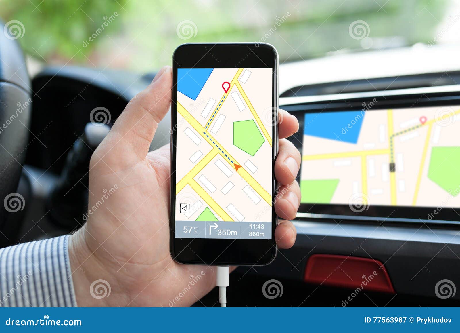 Man Hand in Car Holding Phone with Navigation Map Stock Image - Image ...