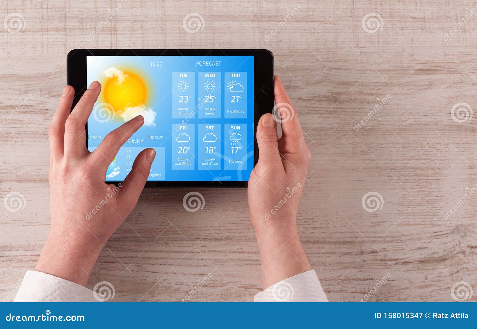 Hand Checking Weather on Tablet Stock Image - Image of blue, data ...
