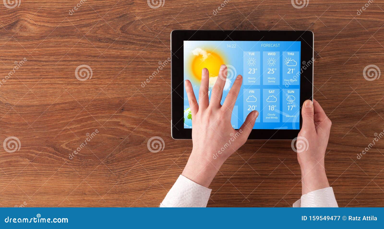 Hand Checking Weather on Tablet Stock Image - Image of display, desk ...