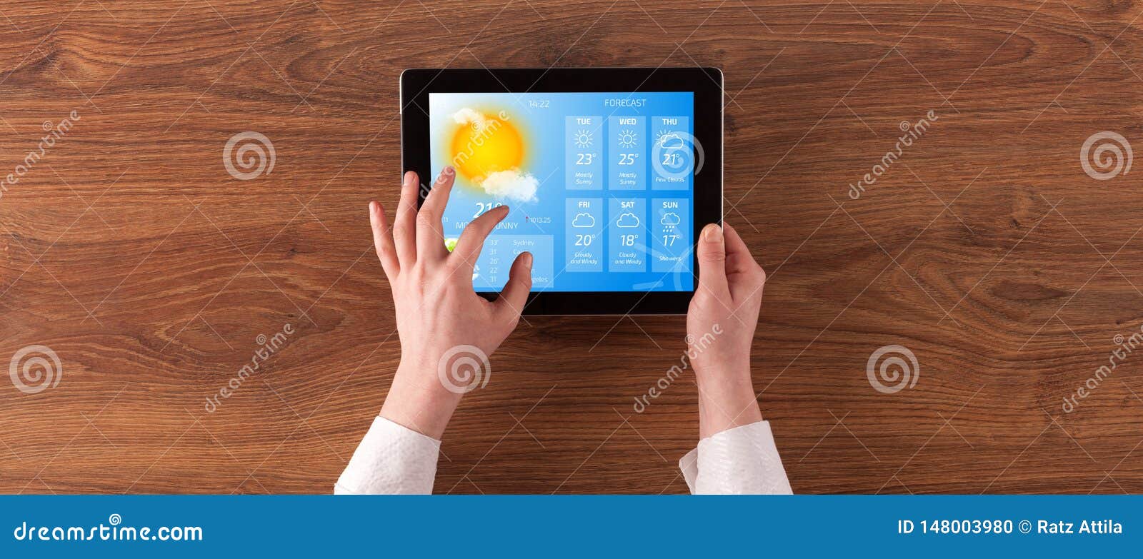 Hand Checking Weather on Tablet Stock Photo - Image of fahrenheit ...