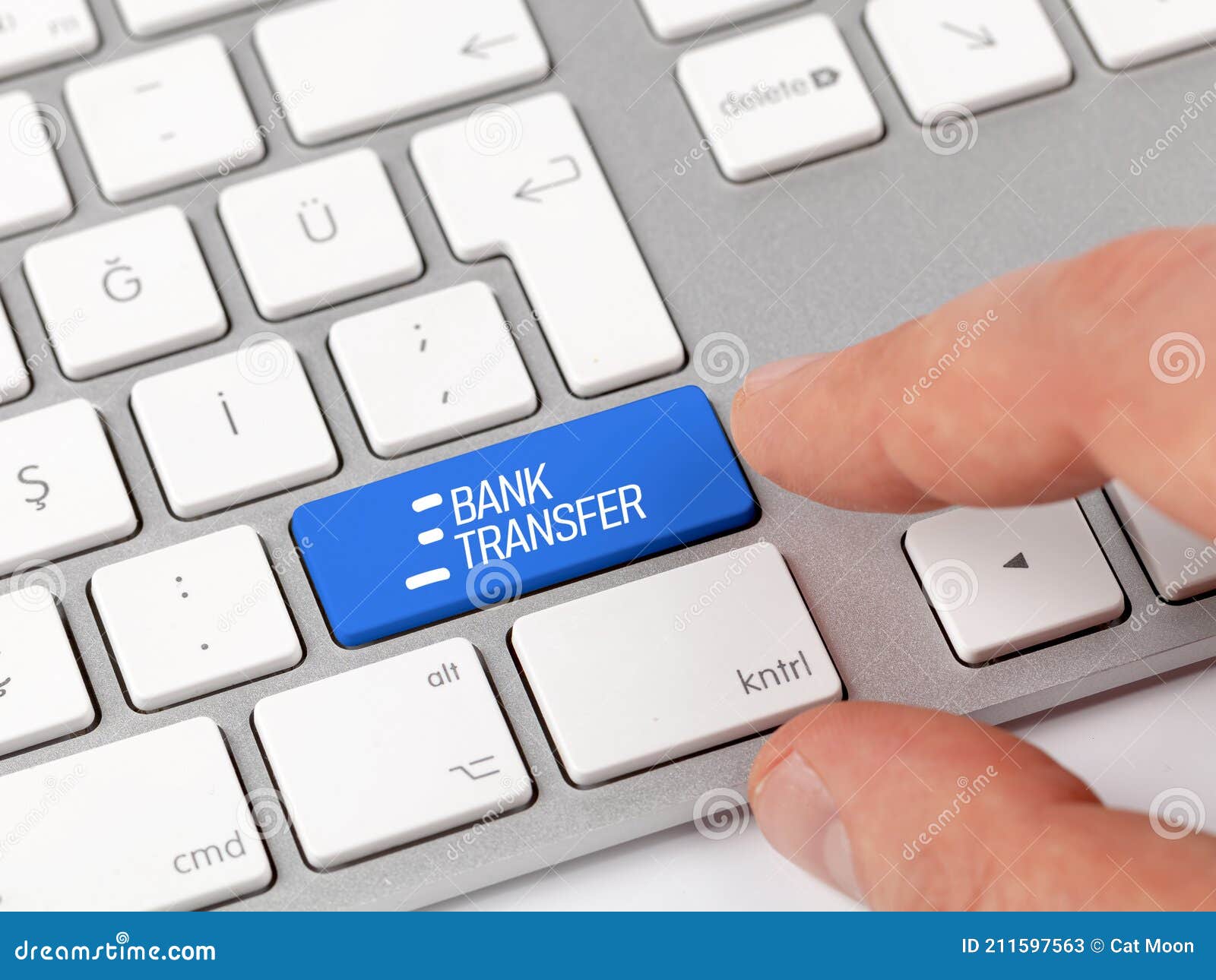 Man Hand on the Computer Blue Key with the Lettering Bank Transfer ...