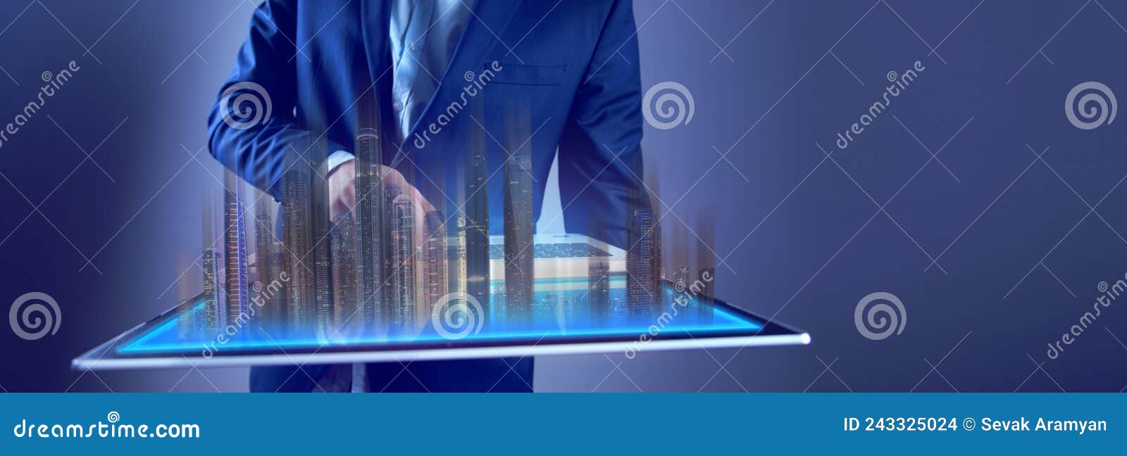 Man Hand Computer with Buildings in Screen. Stock Photo - Image of ...