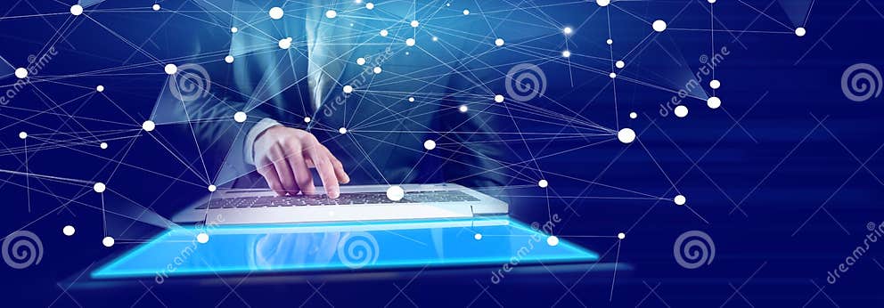 Man Hand Computer with Networks in Screen. Stock Image - Image of ...