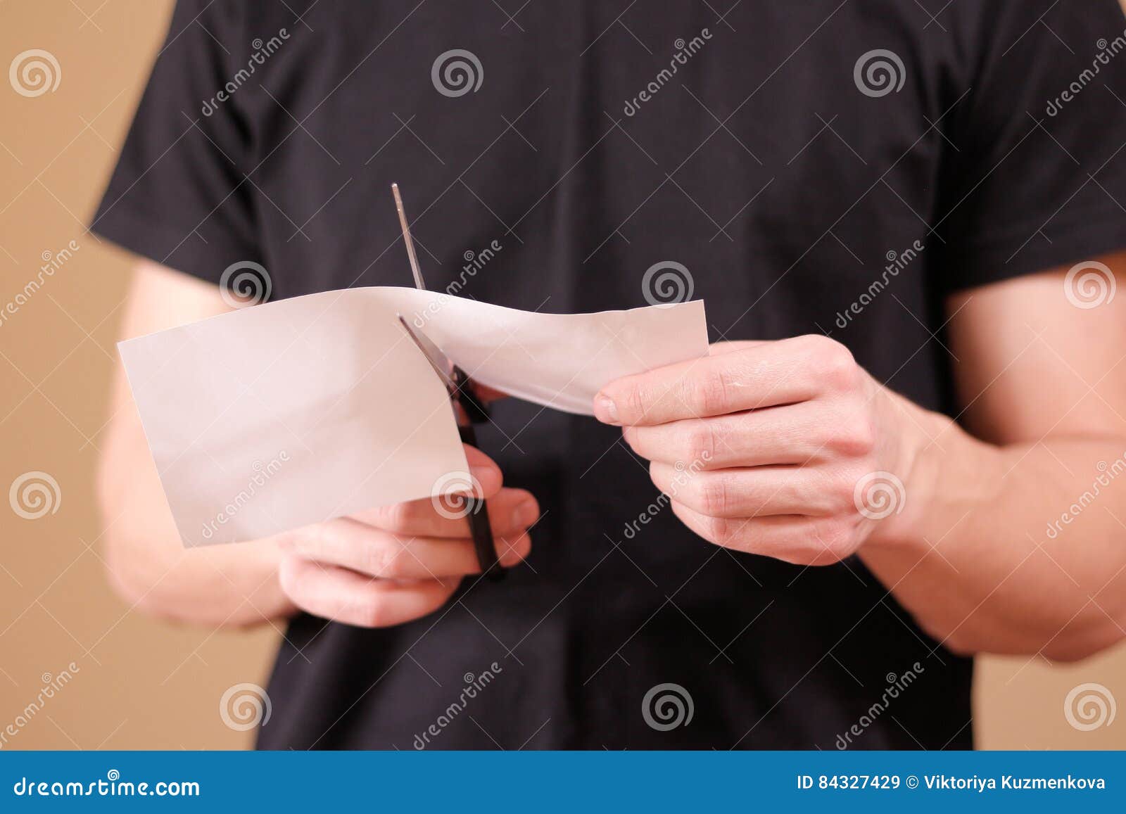 Man Hand Cut White Paper with Scissors. Stock Image - Image of sheet ...