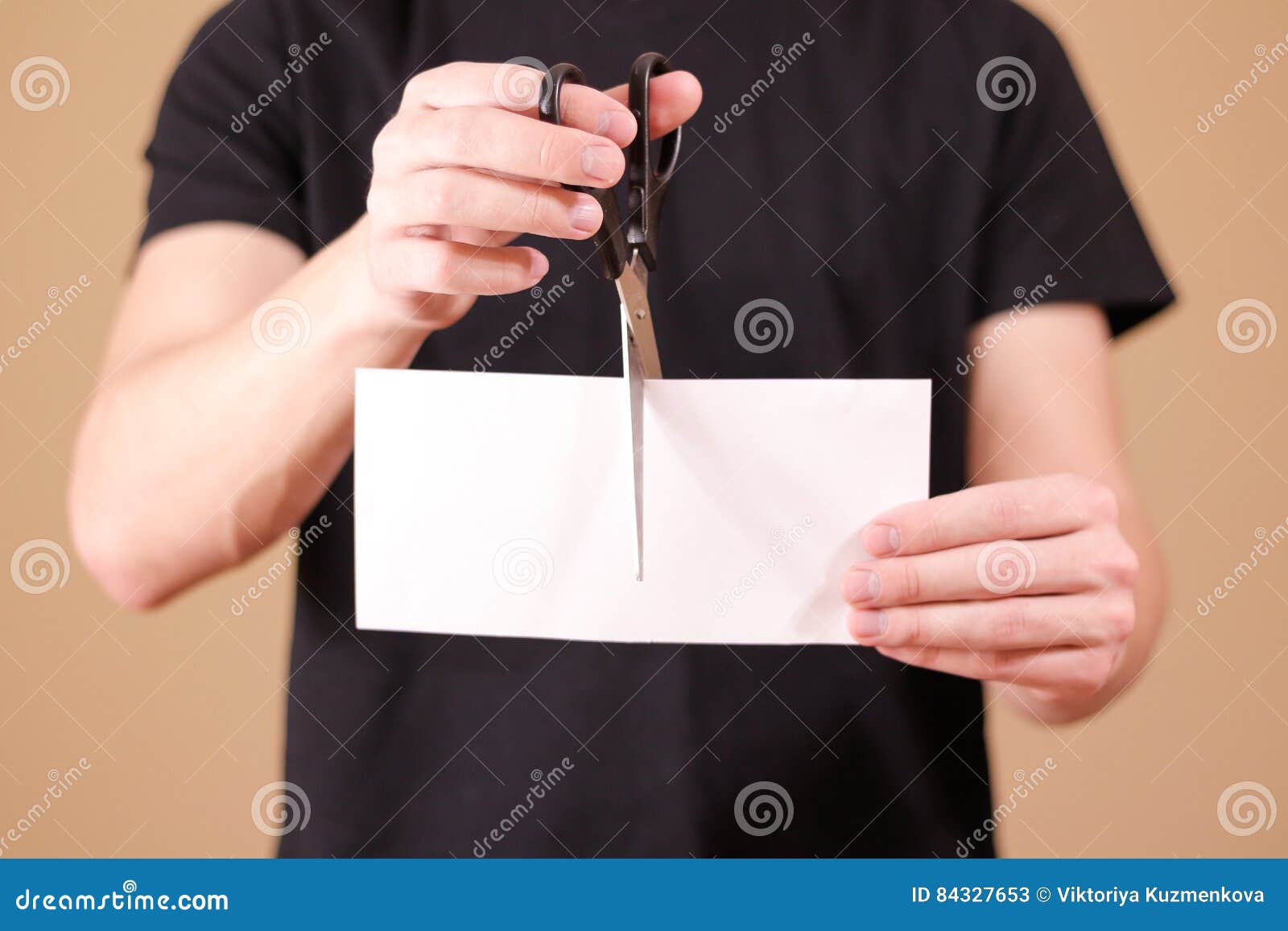 Man Hand Cut White Paper with Scissors. Stock Image - Image of element ...