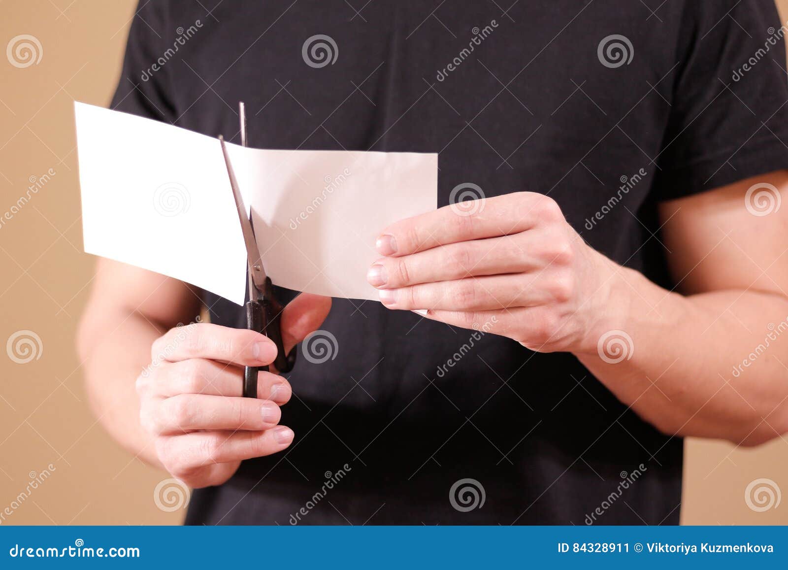 Man Hand Cut White Paper with Scissors. Stock Image - Image of scratch ...