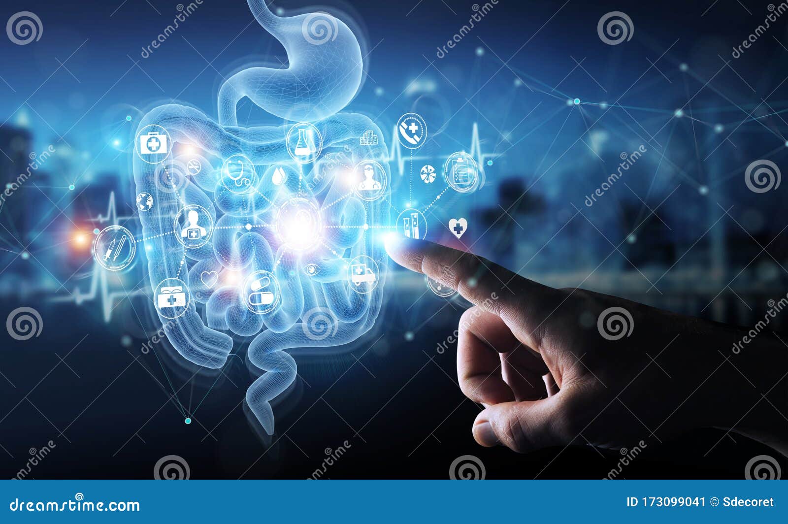 Man Hand Using Digital X-ray of Human Intestine Holographic Scan ...