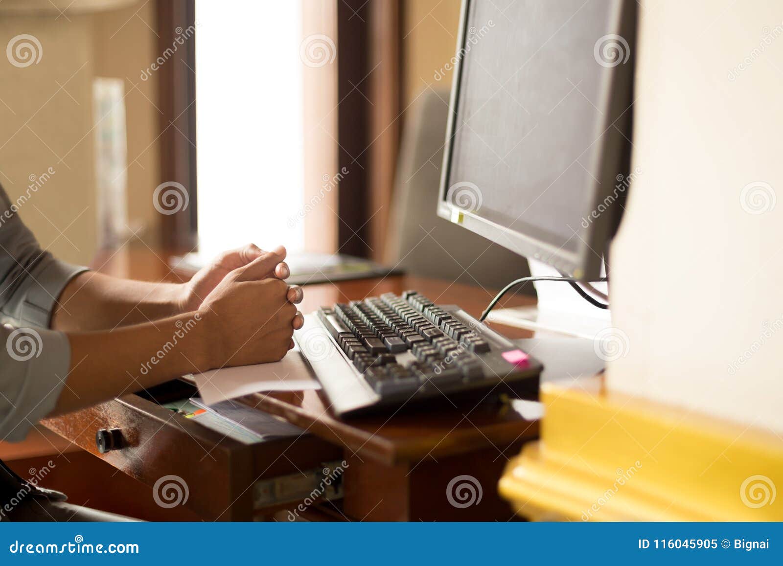 Man Hand on Desk Sitting on Front of Computer Stock Image - Image of ...