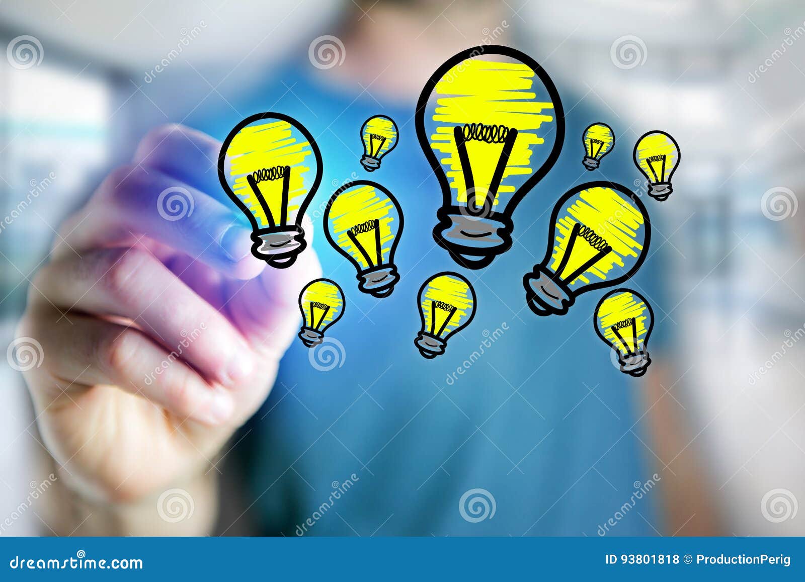 Man Hand Drawing Bulb Lamp Icon on a Futuristic Interface - Tech Stock ...