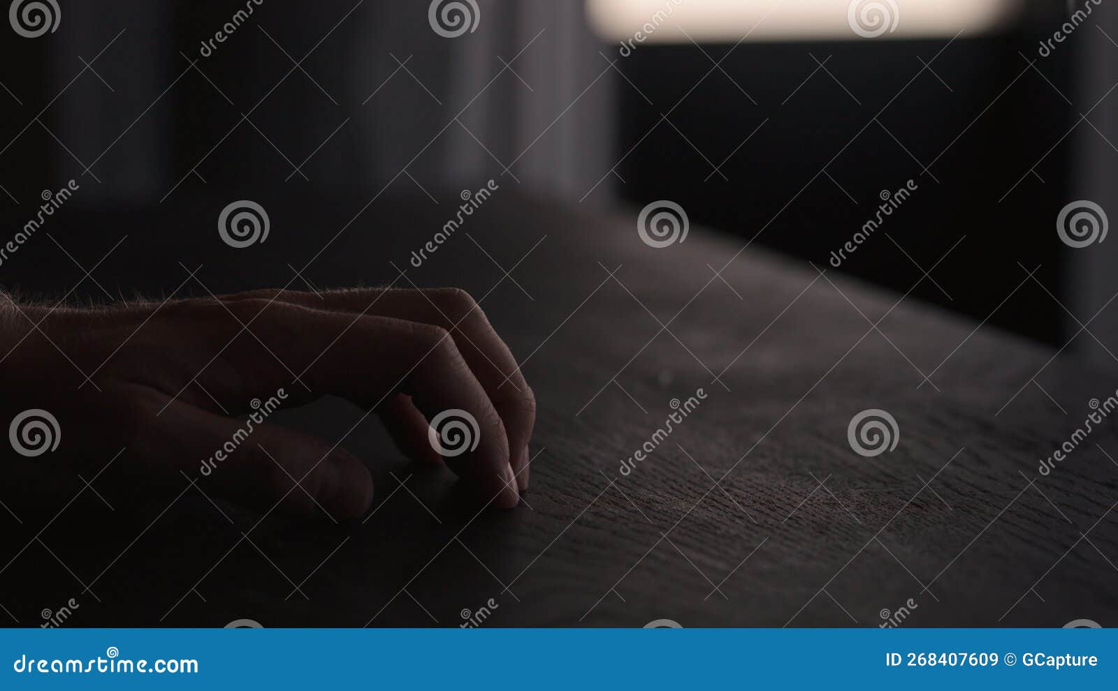 Man Hand Finger Tapping on Black Oak Table with Copy Space Stock Image ...