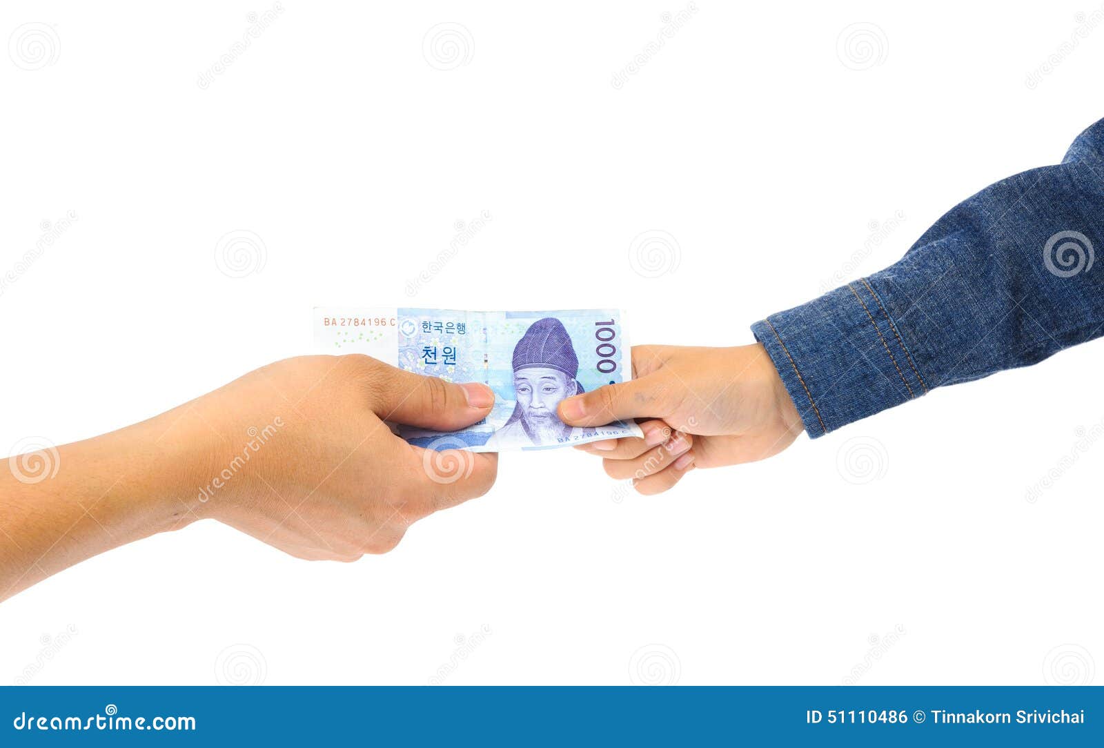 Man Hand Giving Korean Won Bank Note To Kid Hand Stock Photo - Image of ...