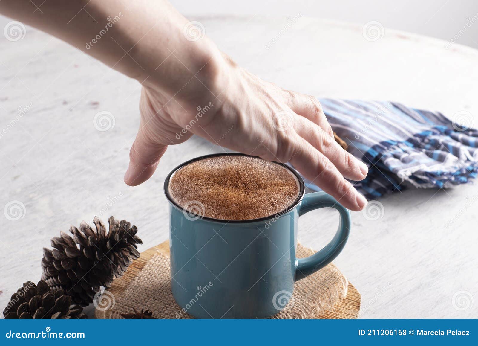 Hand Grabbing Blue Cup with Hot Drink Stock Photo - Image of drink ...