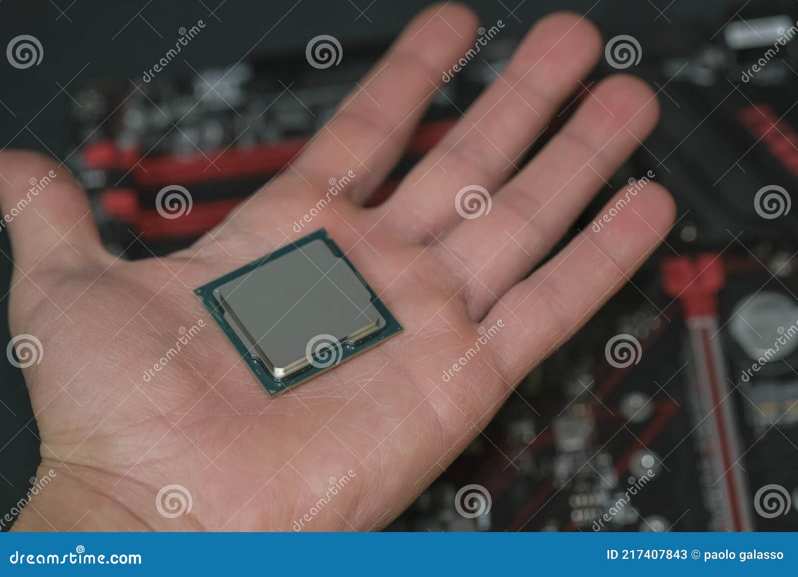 Man Hand Hold Desktop Pc Cpu Processor Over Hi Tech Motherboard ...