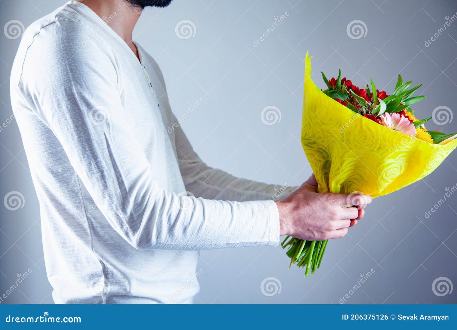 Man Hand Holding Flowers Bouquet Stock Photo - Image of love, hand ...