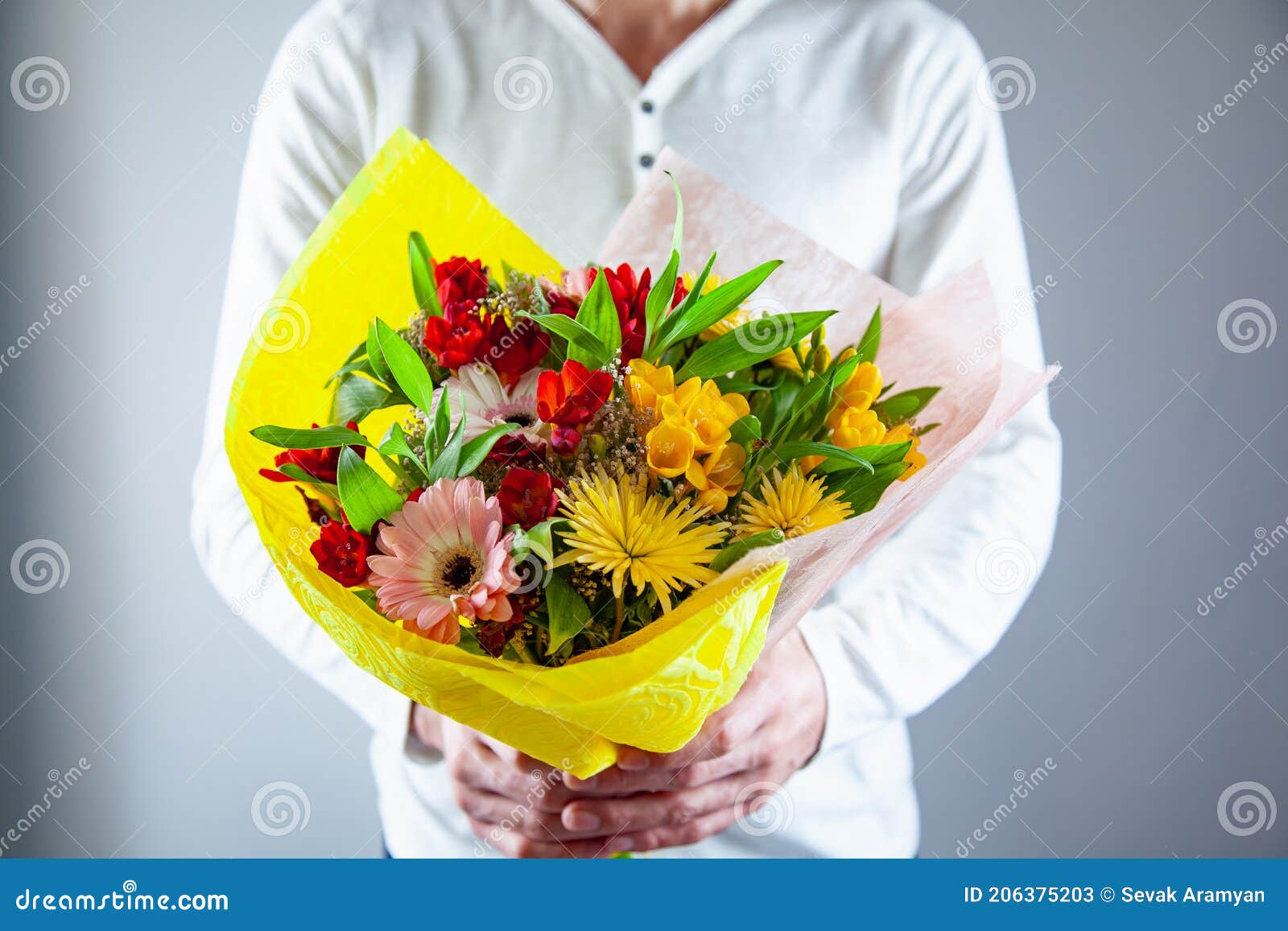 Man Hand Holding Flowers Bouquet Stock Image - Image of gift ...