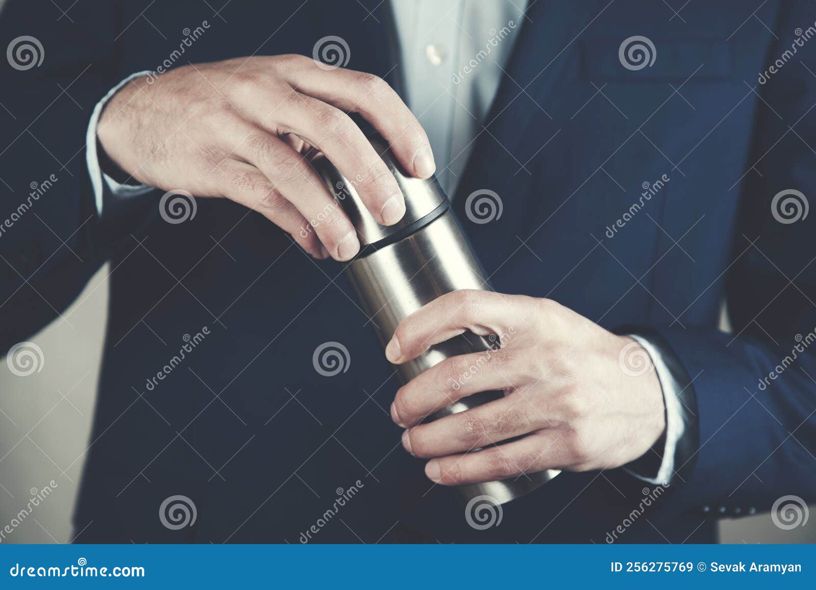 Man Hand Holding Metal Thermos Stock Image - Image of temperature, heat ...