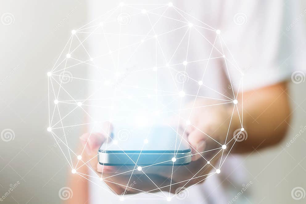 Man Hand Holding Mobile Phone with Map Point, Network Connection Stock ...