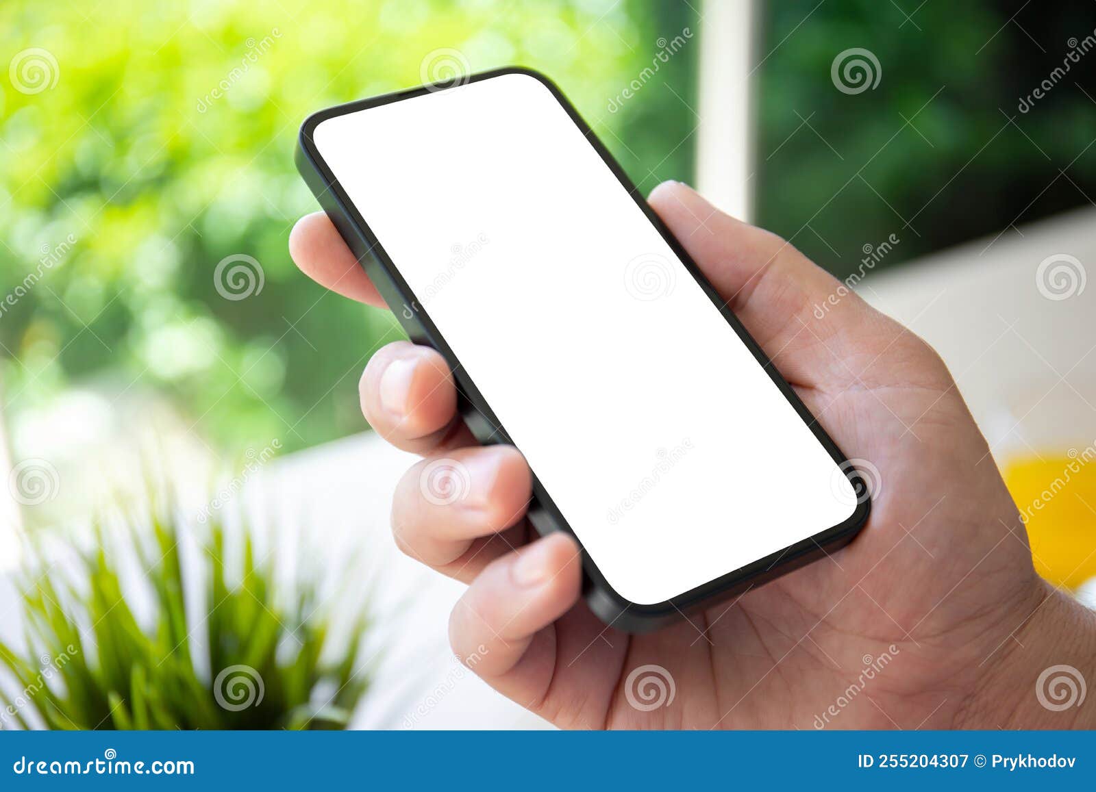 Man Hand Holding Phone with Isolated Screen in Cafe Stock Image - Image ...