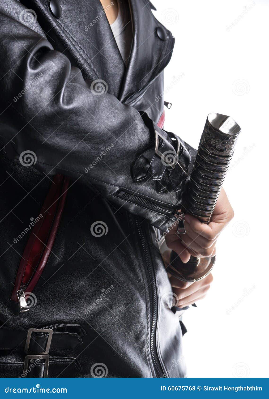 Man Hand Holding Samurai Sword on White Background, Leather Jack Stock ...