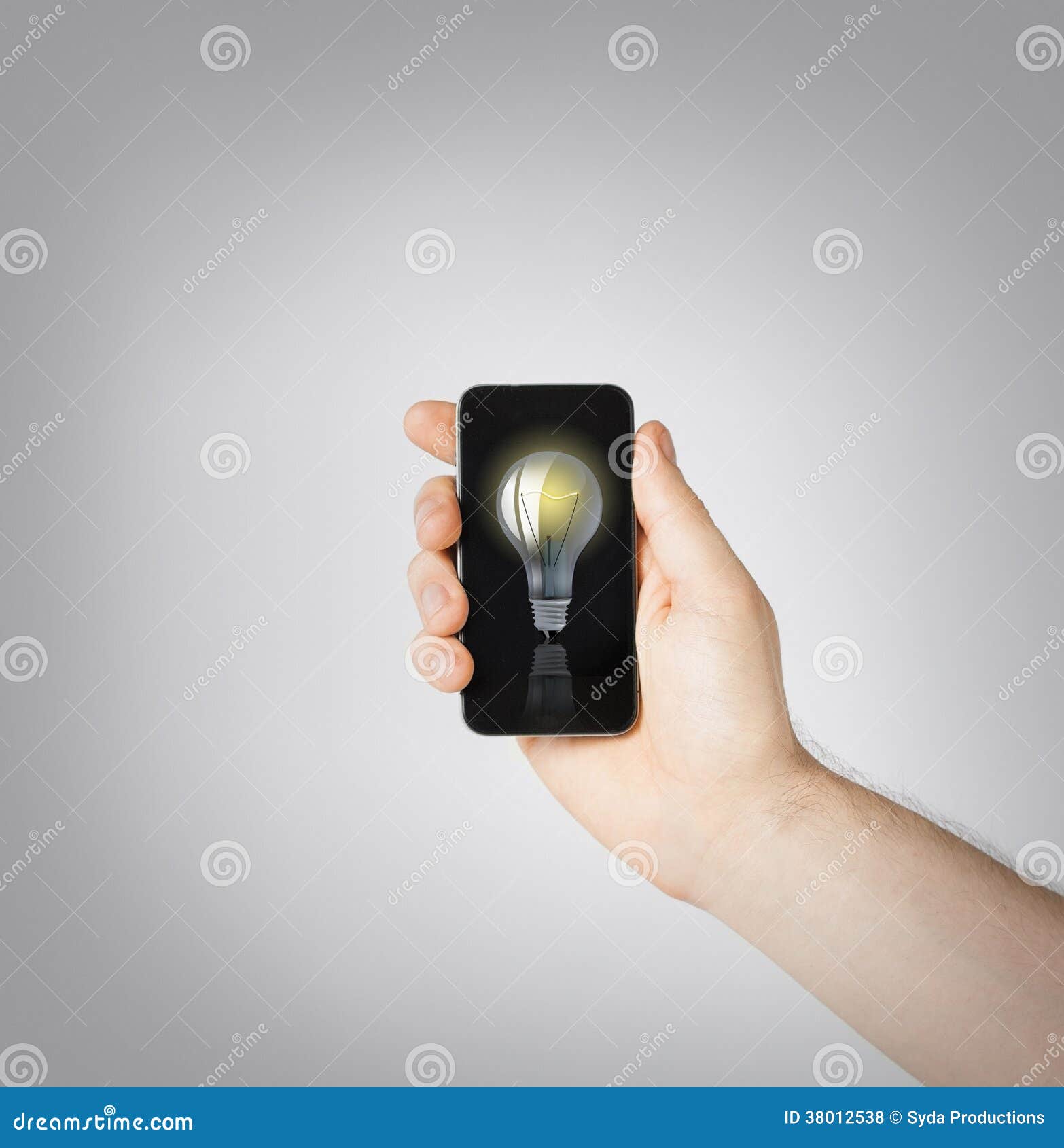 Man Hand Holding Smartphone with Light Bulb Stock Photo - Image of ...