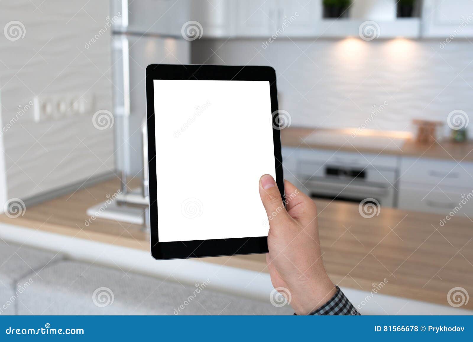 Man Hand Holding Tablet Isolated Screen Background Home Room Kit Stock ...