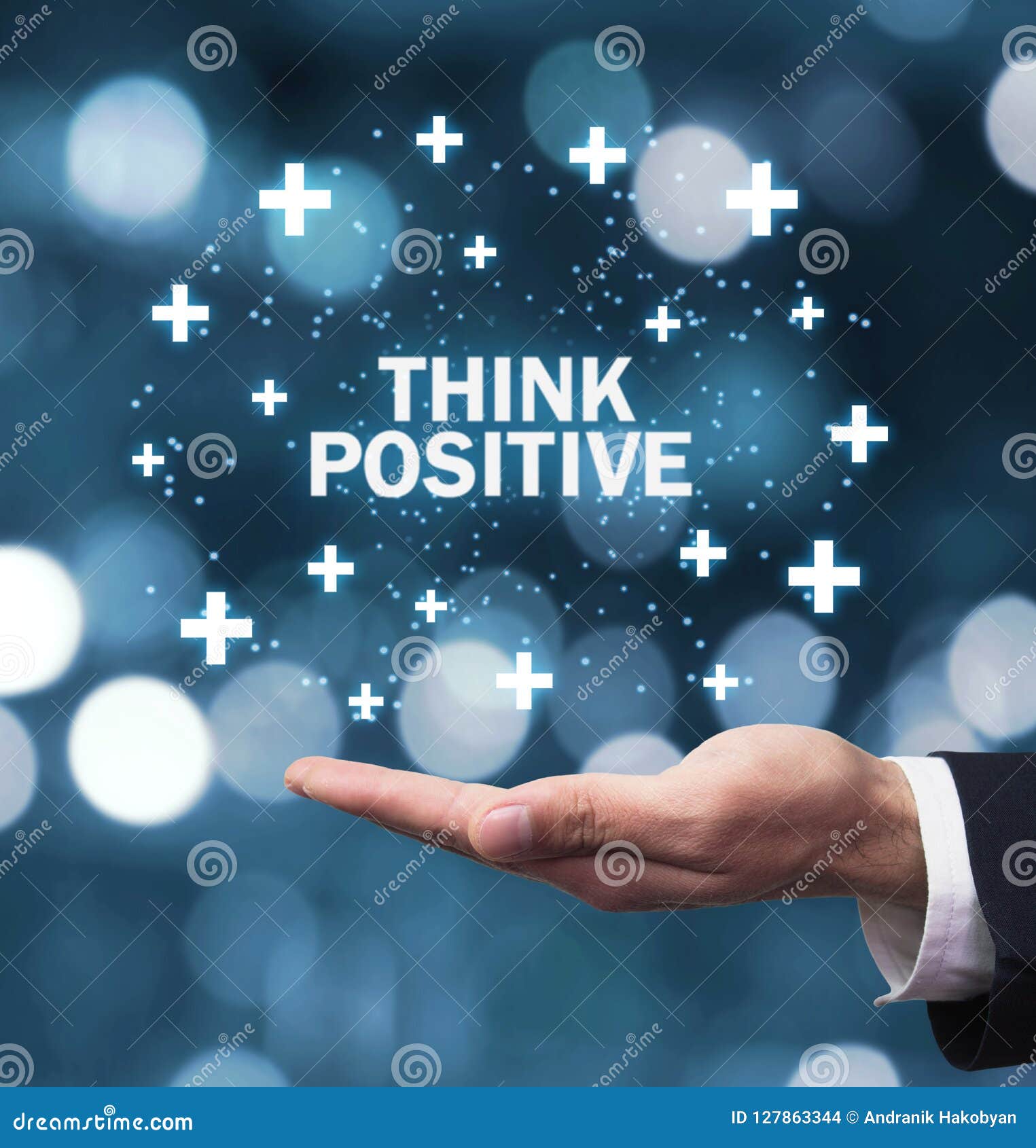 Man Hand Holding Think Positive Words with Plus Signs. Stock Photo ...