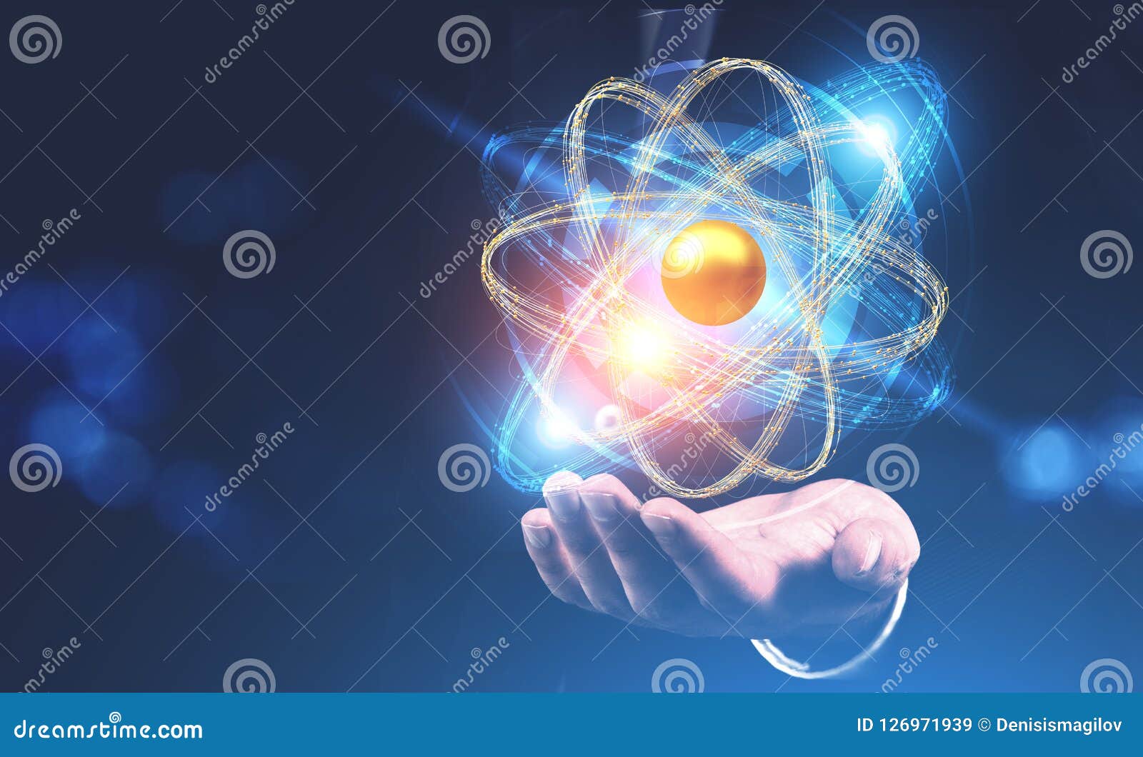 Man Hand with Hovering Atom Model Hologram Stock Image - Image of ...