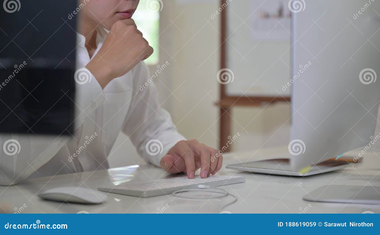 Man Hand on the Keyboard and Looks at the Computer Screen Stock Image ...