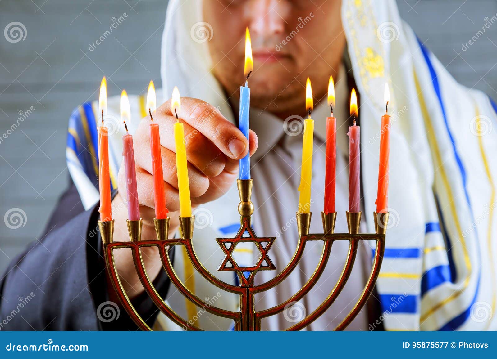 Man Hand Lighting Candles in Menorah Table Served for Hanukkah Stock ...