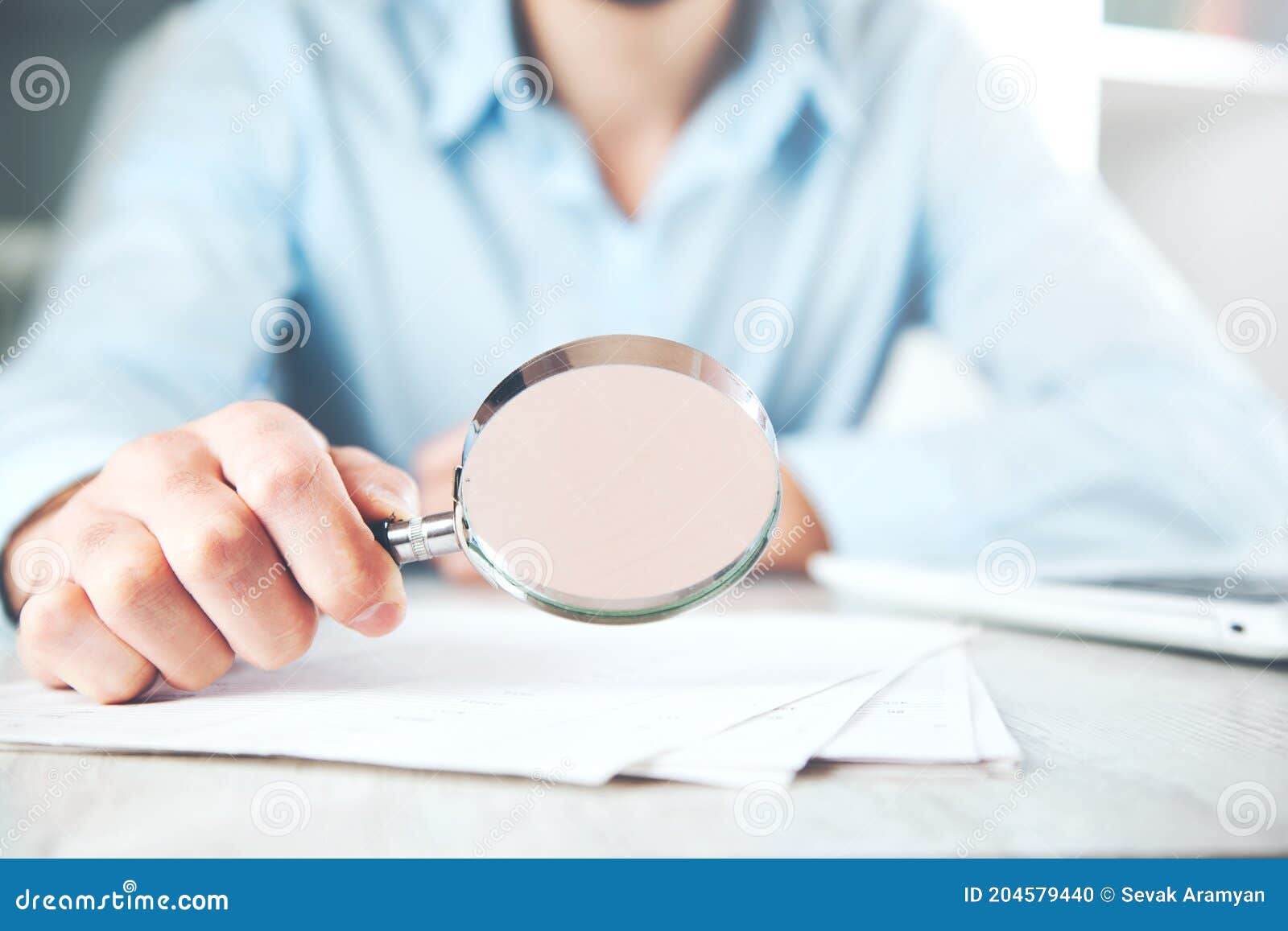 Man Hand Magnifier with Document on Desk Stock Photo - Image of ...