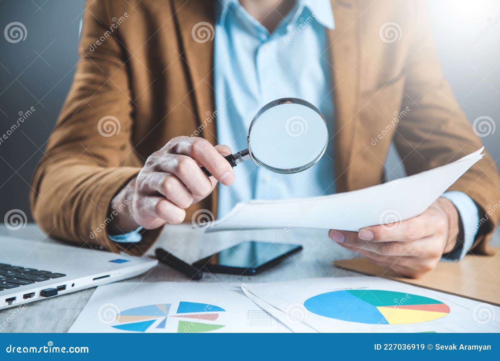 Man Hand Magnifier with Document on Desk. Stock Image - Image of ...