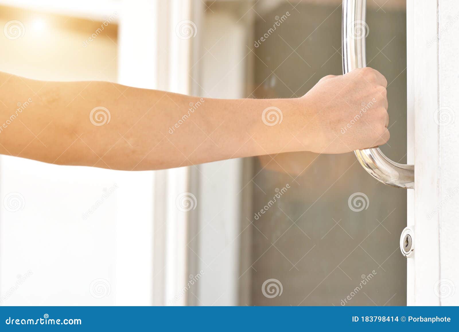 Man Hand Open the Door Holding Handle Stock Photo - Image of protection ...
